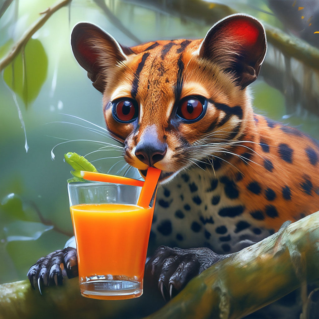 "On a branch, a cheerful spotted red Fossa holds a glass of carrot ...
