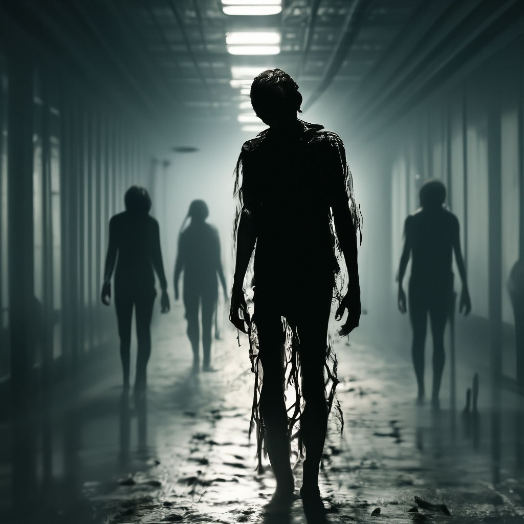 "Silhouettes of skinny walking zombies, drawn in detail, full height ...