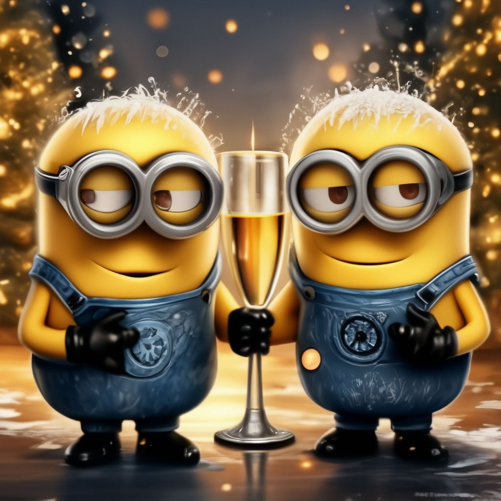 "Cute, minions celebrating, holding champagne, new year, high detail ...