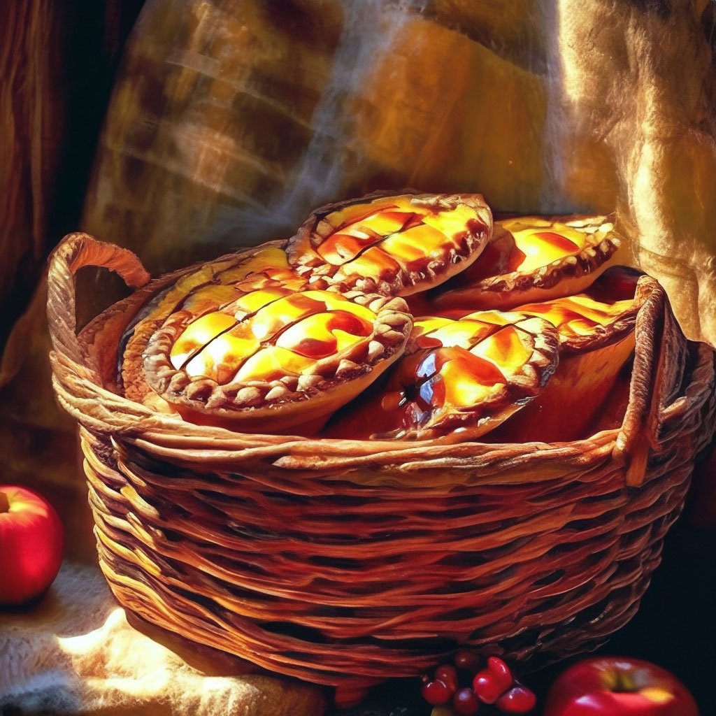 "Ruddy,freshly baked homemade pies lie in a wicker basket,ruddy pies ...