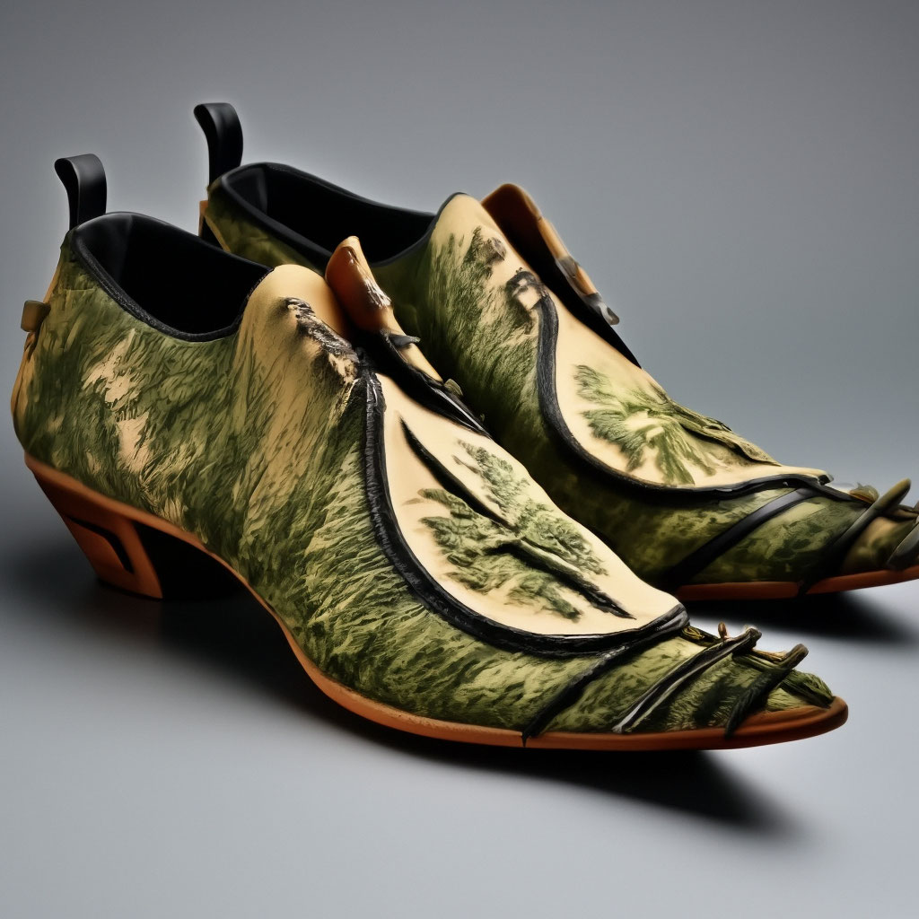 "Men's shoes made of fern, fur and leather, papyrus mottling, strange ...