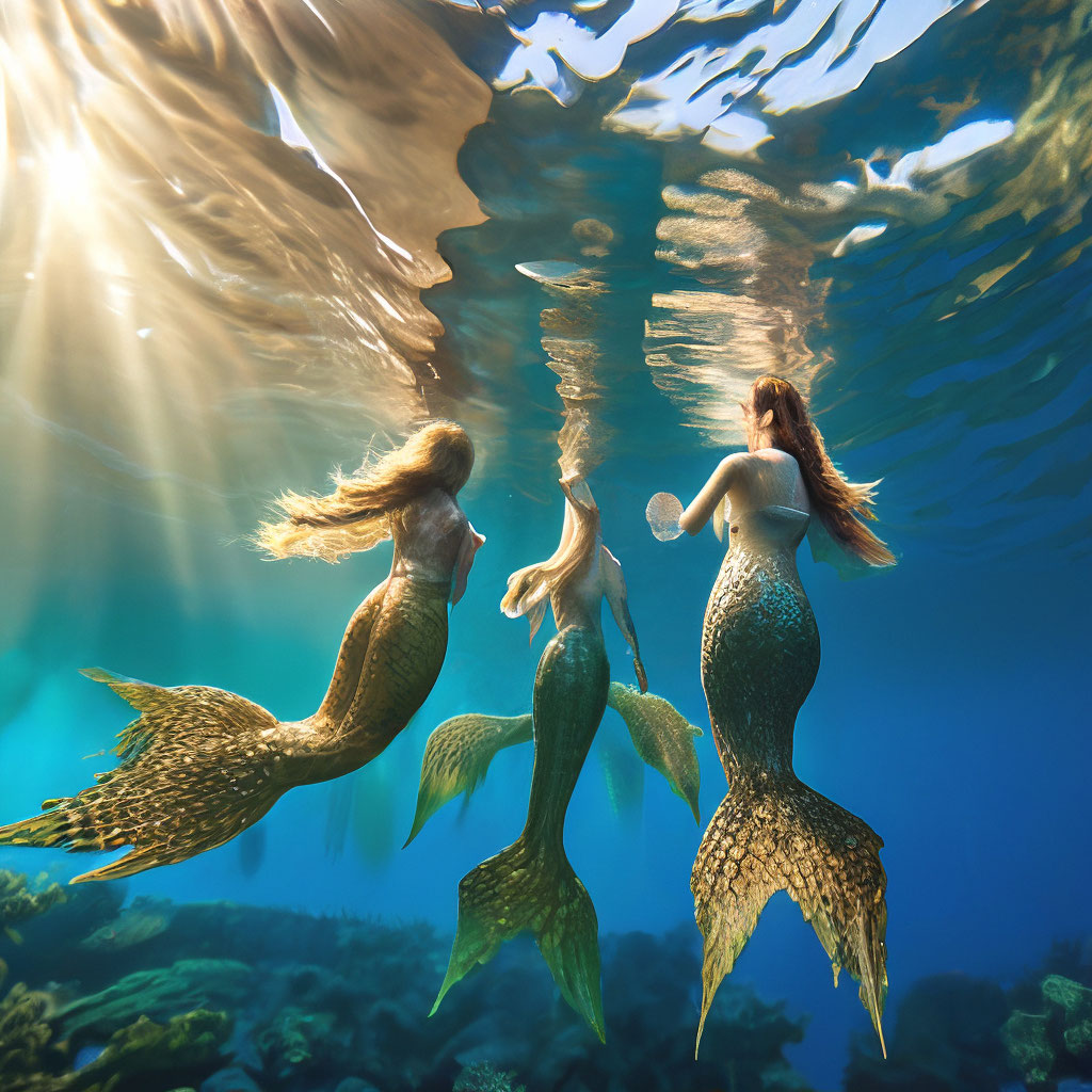 "Mermaids swim in the sea from right to left. In full growth. Far away ...
