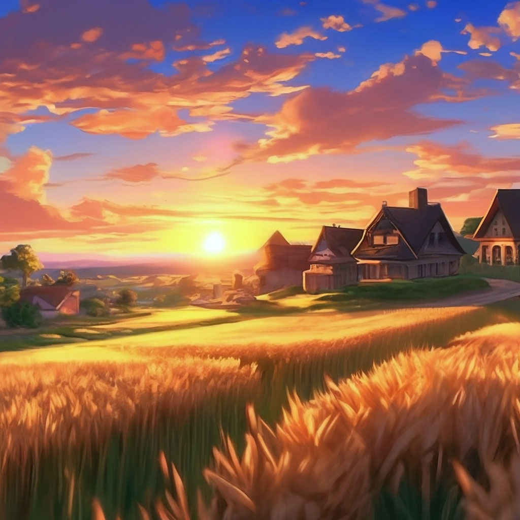 "Medium realistic anime style in the 2D, sunset, beautiful wheat field ...
