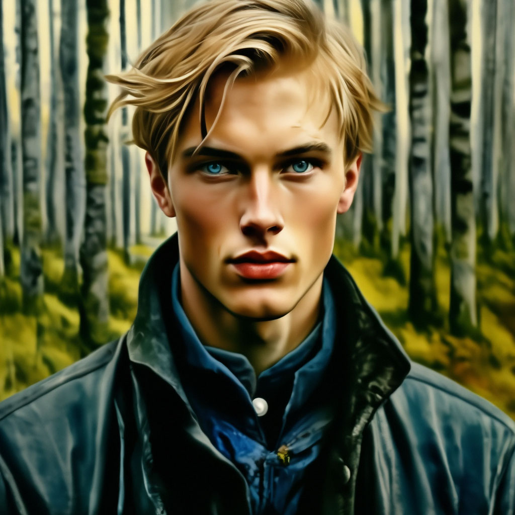 "A young Scandinavian guy from Norway with blue eyes, forest background ...