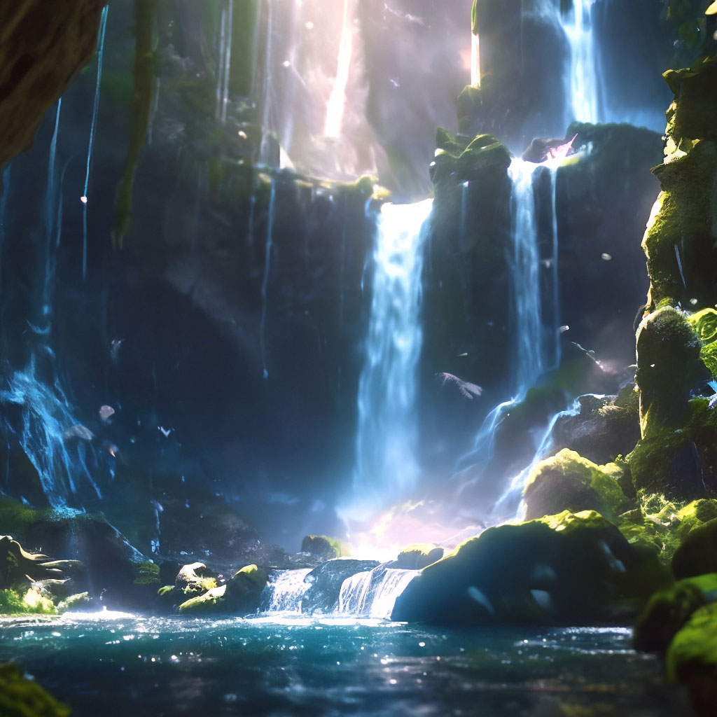 "Magic waterfall, water splashes, fantastically beautiful, forest ...
