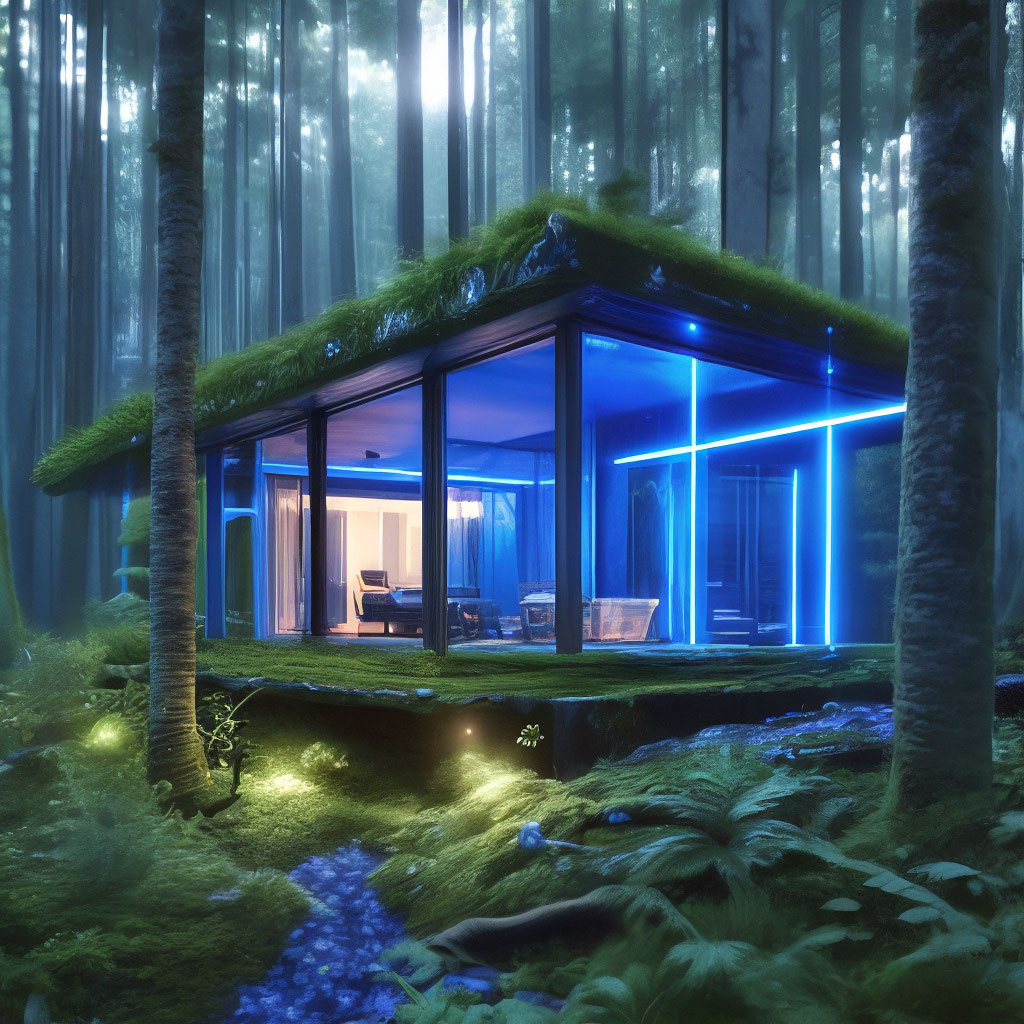 "A modern overgrown hut stands alone in the thicket of the forest, high ...