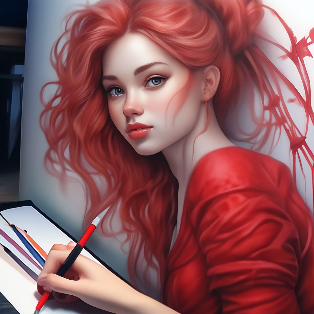 "Beautiful girl drawing with a red ballpoint pen. hyperdetalization ...