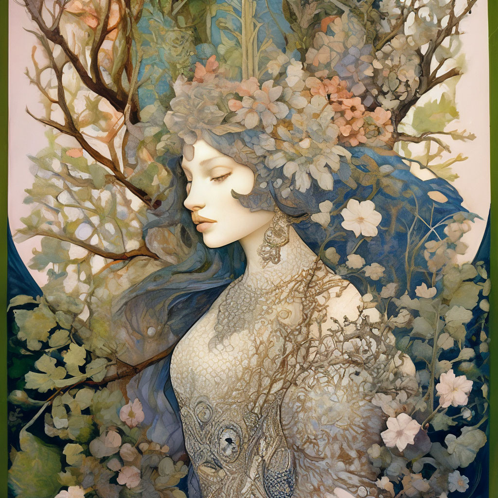 "Nymph of the blooming forest, medieval tapestry in the style of Walter ...