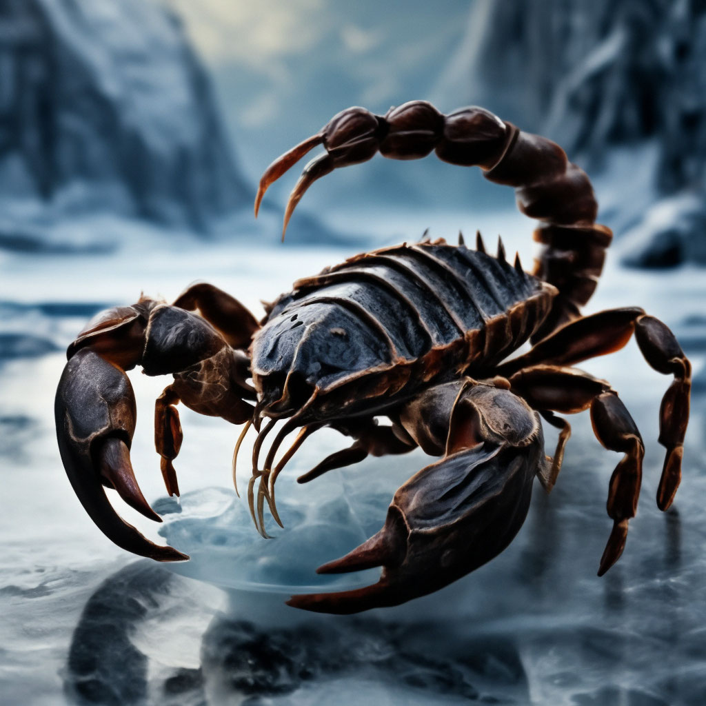 "Scorpion mutant, crustacean, dark brown, long tail, on ice" — image ...