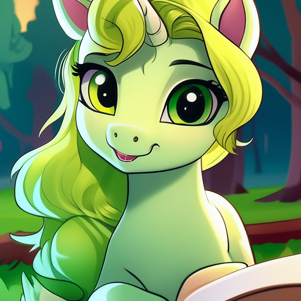 "Cute pony MLP, unicorn, green fur and yellow eyes, fluffy eyelashes ...