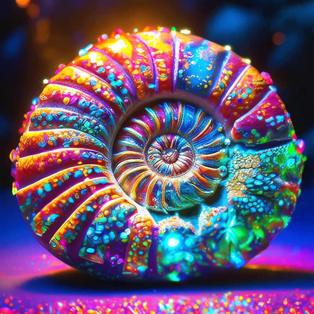 "Magical ammonite encrusted with shining crystals, fantasy realism ...