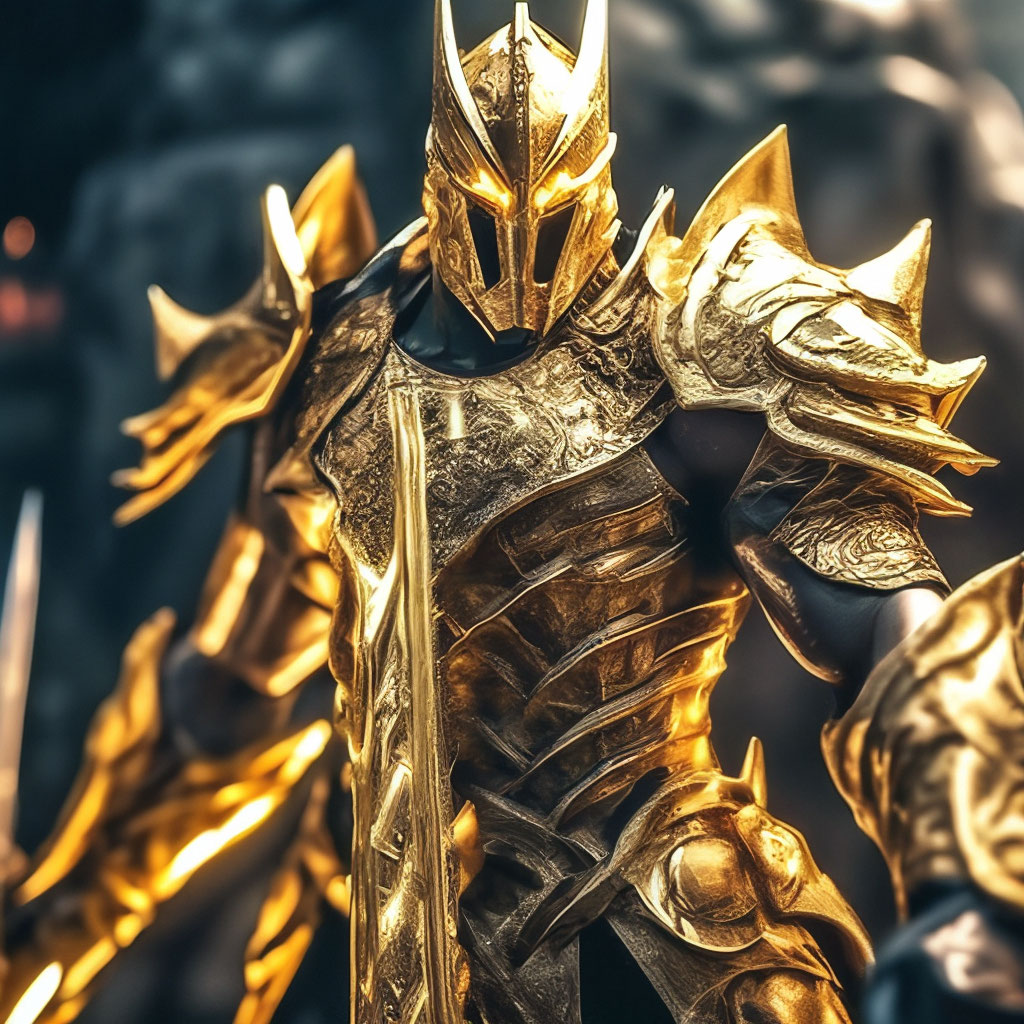 "Titan from the underworld in golden armor, with a big sword on his ...