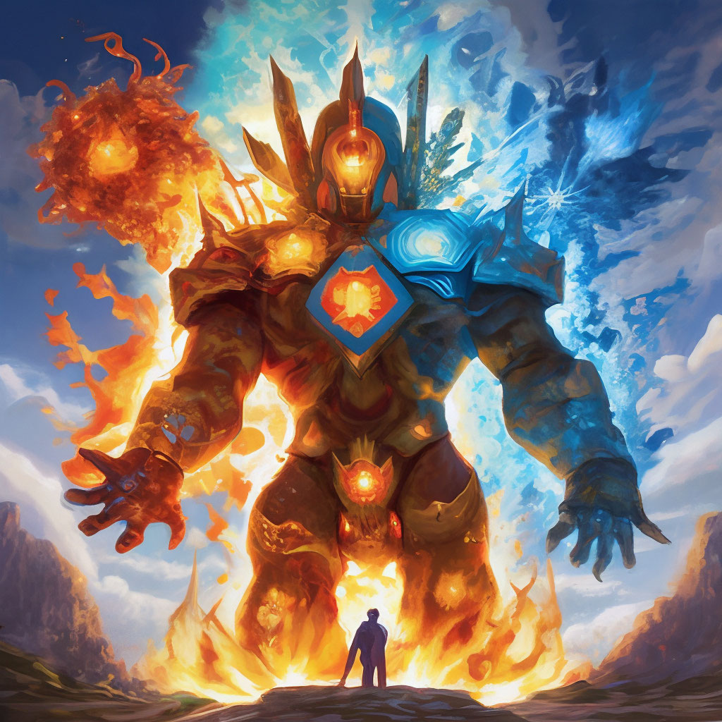 "A large golem with all the elements fire water earth air" — image ...