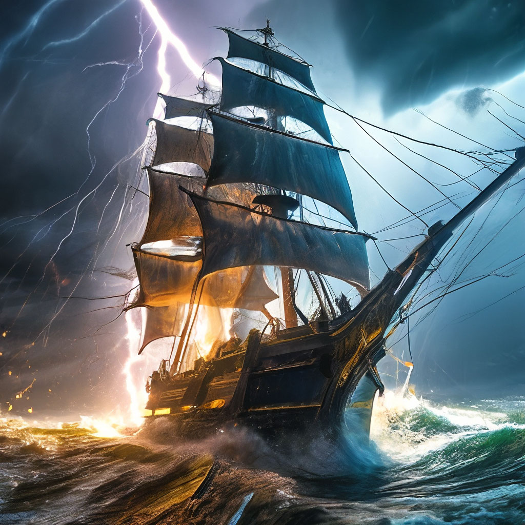 "Raging sea, sailing ship, thunderstorm, lightning, professional photo ...