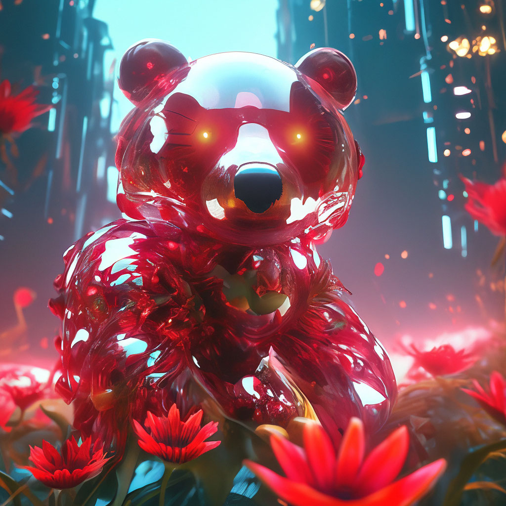 "The most fabulous bear with shiny fur and big eyes, with scarlet ...