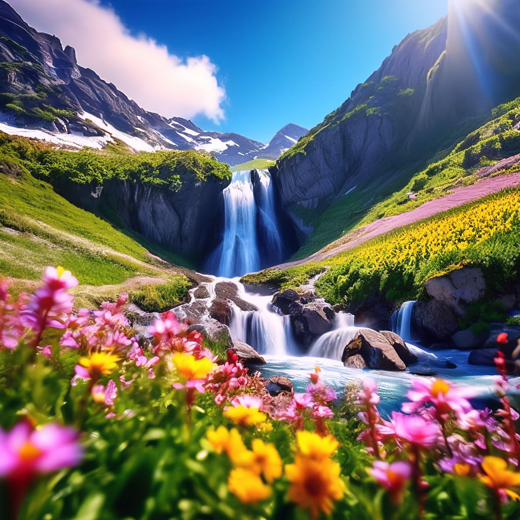 "Sunny day, mountains, mountain waterfall, flowers, beautiful nature ...