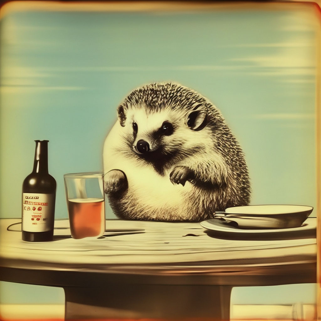 "Drunk hedgehog sitting at the table" — image created in Shedevrum
