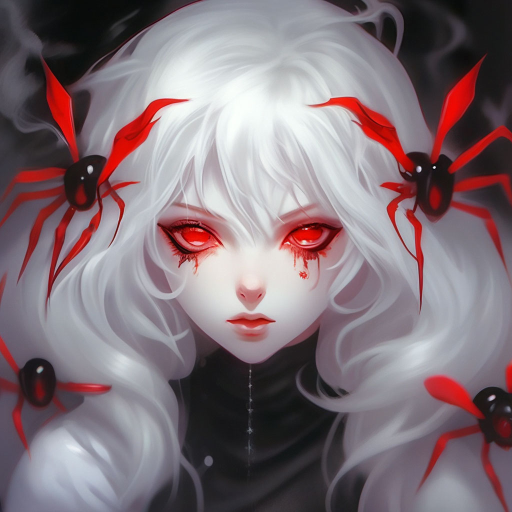 "Ephemeral anime albino spider girl with lush white hair, big red eyes ...