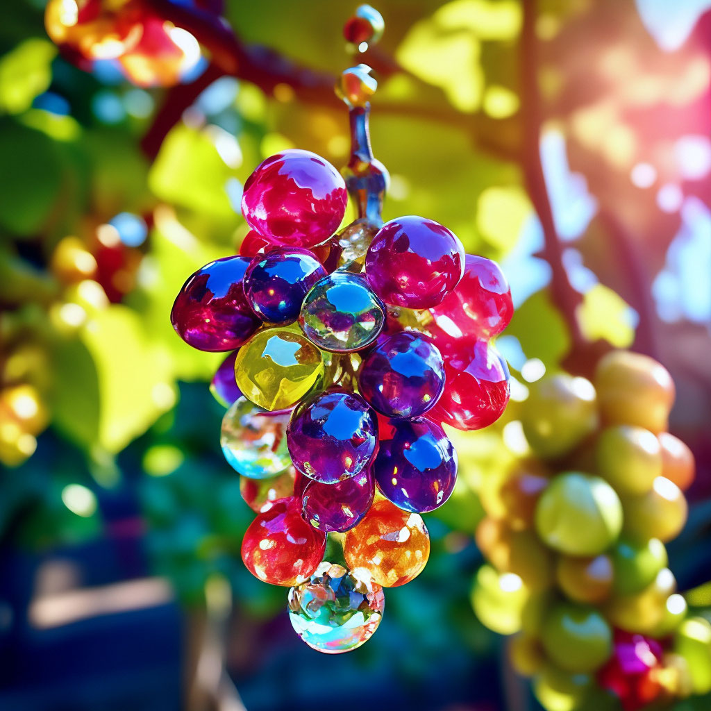 "Crystal glass multicolored vintage grapes on a tree on a sunny day ...