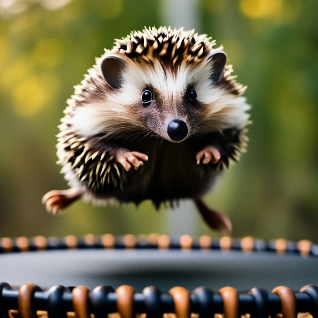 "Hedgehogs jump on a trampoline" — image created in Shedevrum