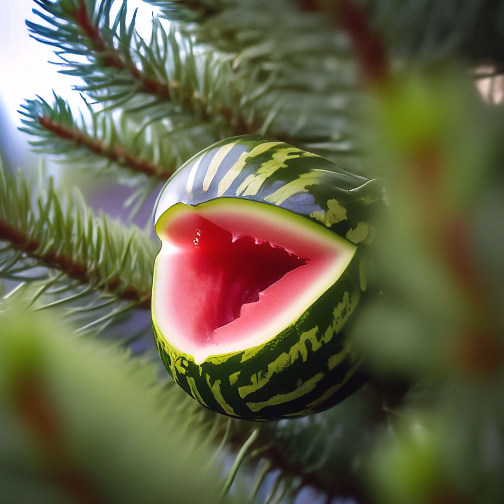 "Watermelons with teeth grow on the branches of a coniferous tree, open ...