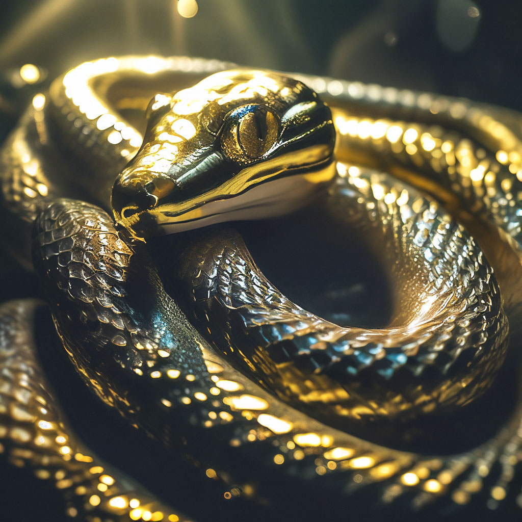 "Golden snake with diamond stones on the back" — image created in Shedevrum