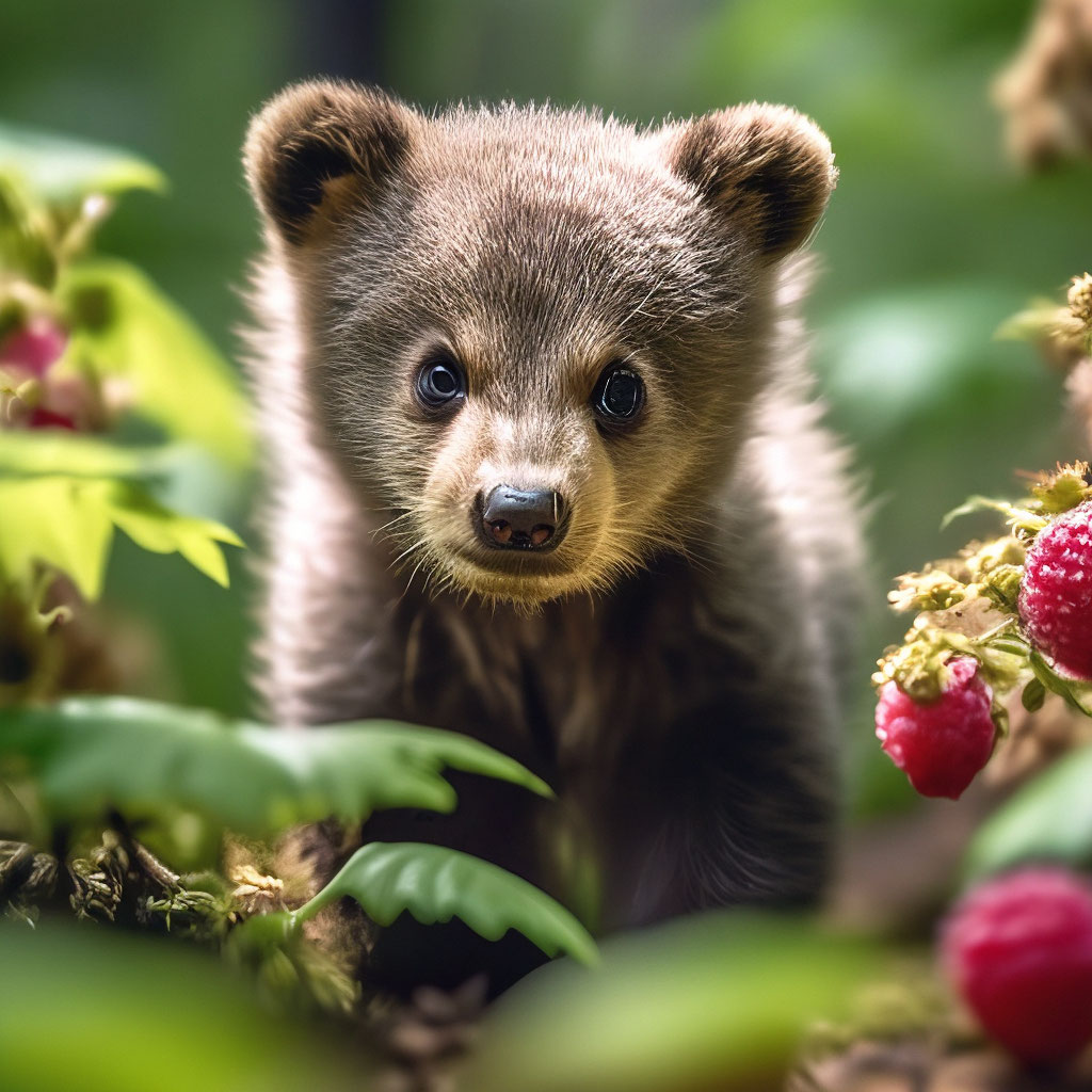 "A small fluffy bear cub in a raspberry thicket,, beautiful, realistic ...