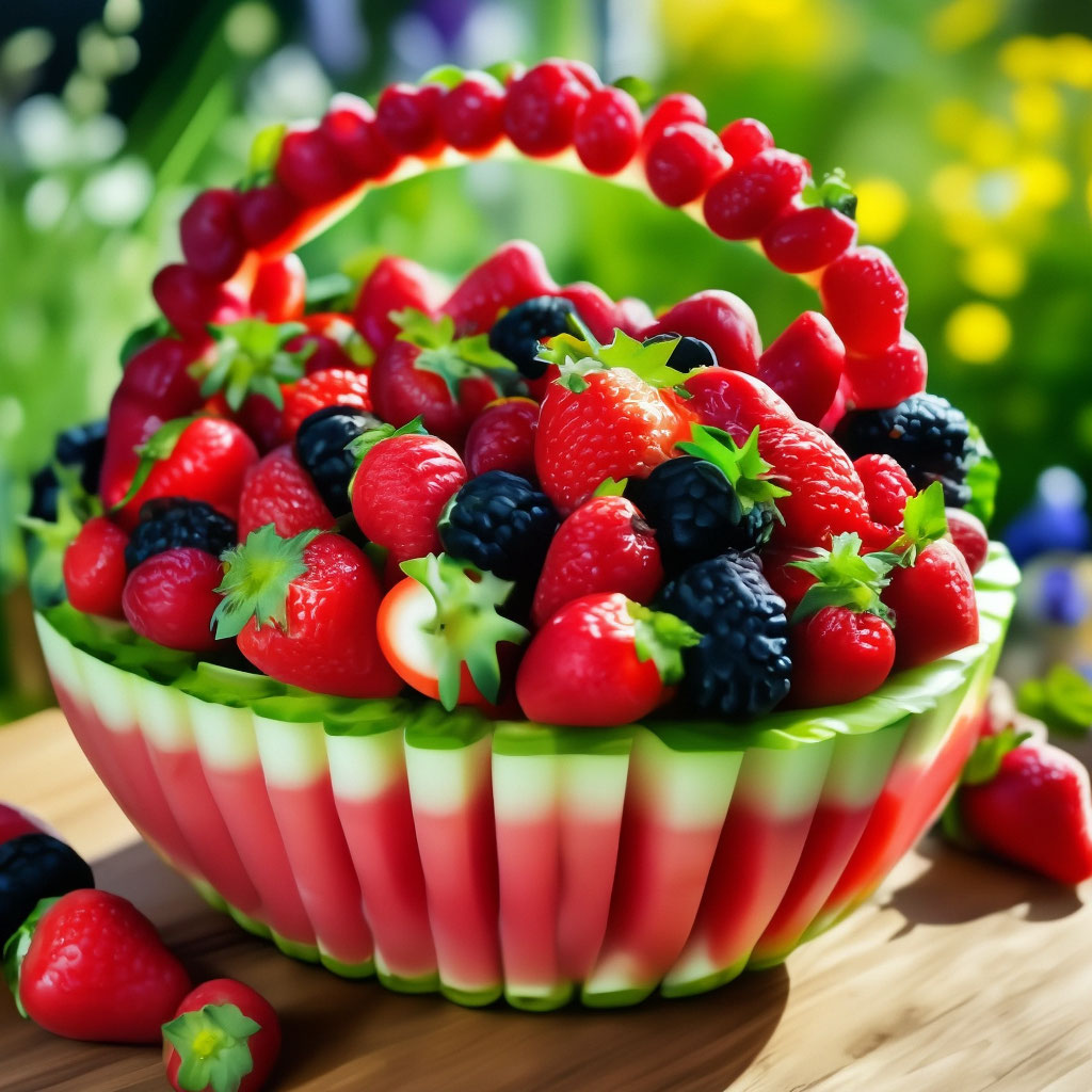 "The watermelon is carved in the shape of a basket, it contains ...