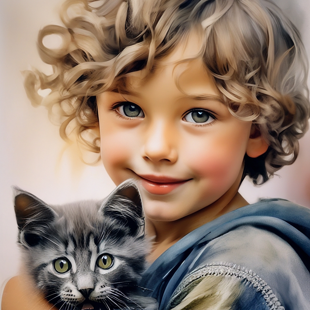 "Photo of a cute boy, watercolor drawing, light wavy hair, playing with ...