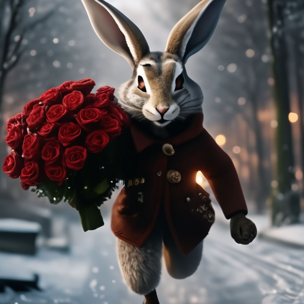 "The hare is running as fast as he can, with a huge bouquet of roses, ⛄ ...