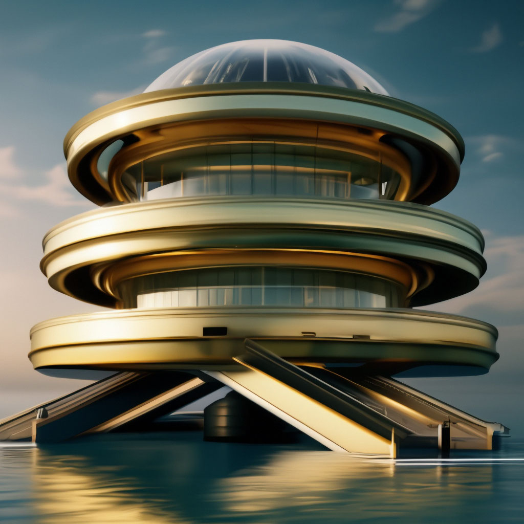 "A flying magical shiny building with a round portal roof is located in ...
