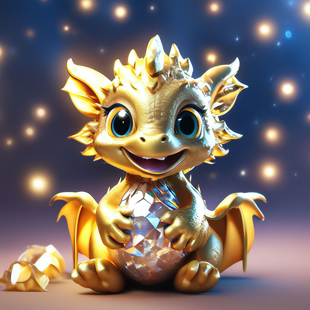 "Cute golden smiling dragon, big eyes, long eyelashes, sitting in the ...