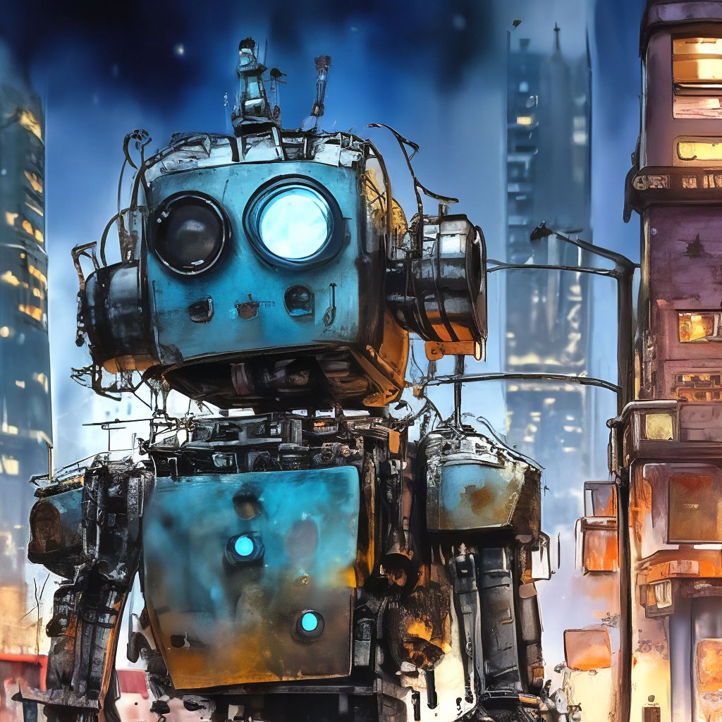 "An old battered anthropomorphic android robot on the street next to a ...