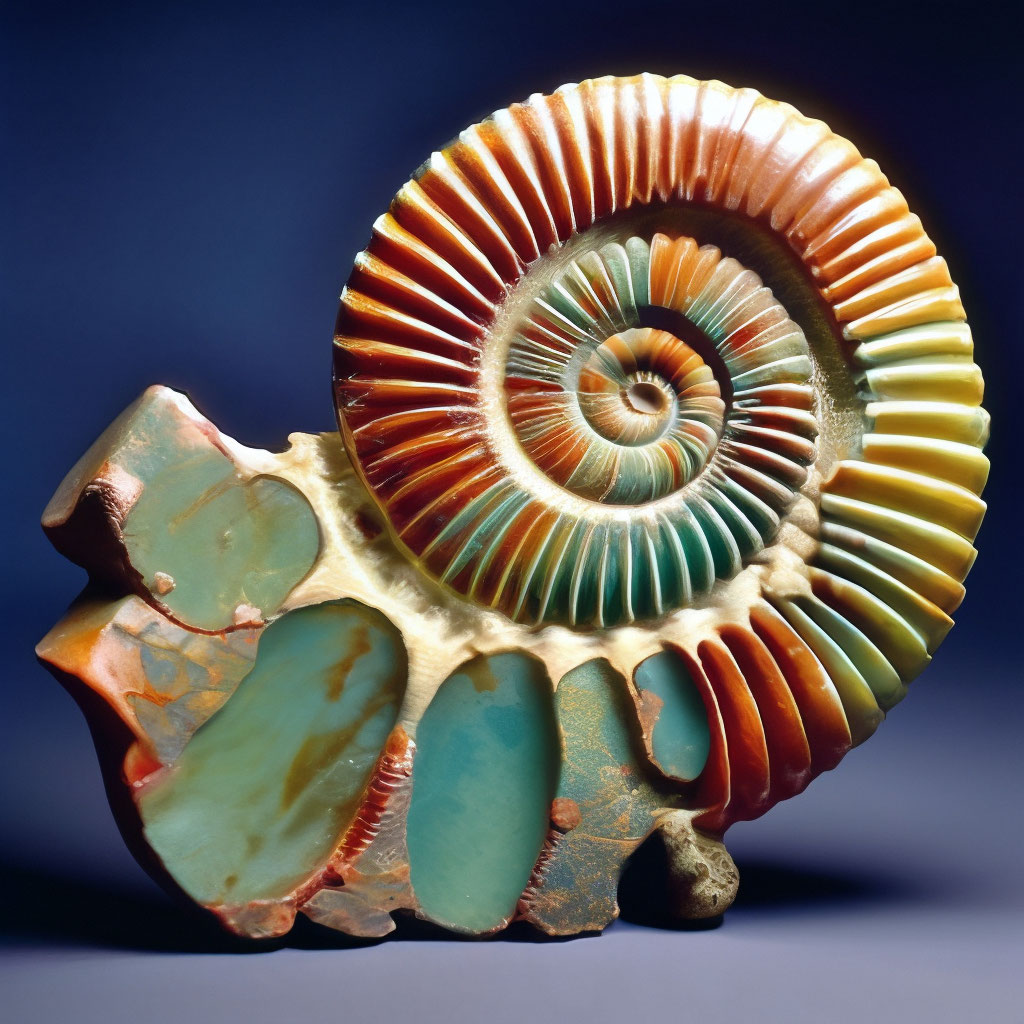 "Colorful ammonite fossil of rare large animals" — image created in ...