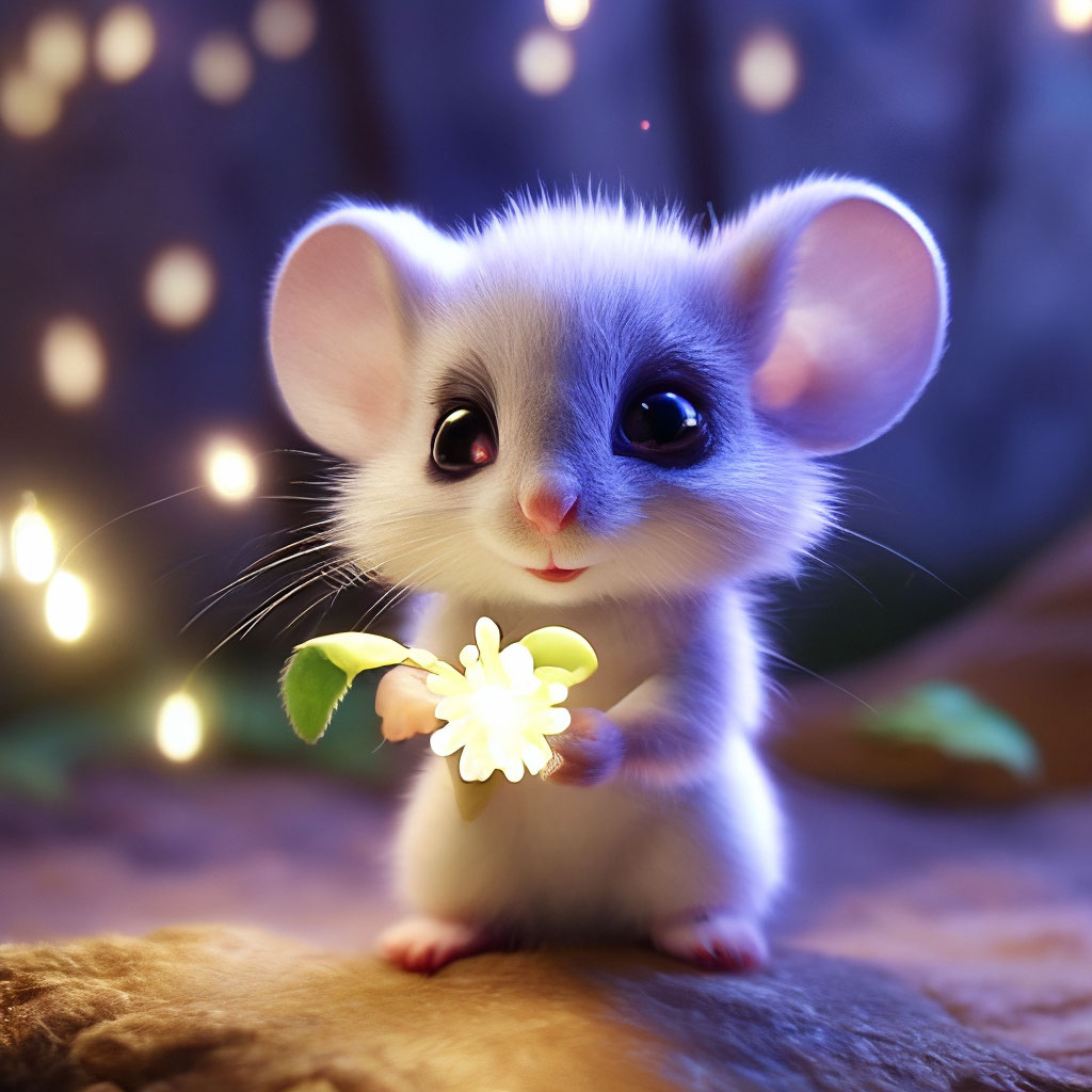 "Realistic tiny fluffy baby mouse, holding a glowing flower , purple ...