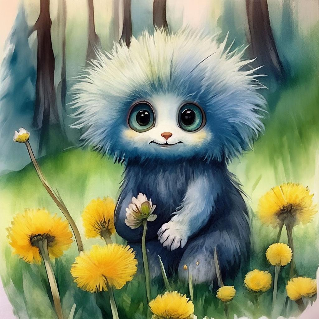 "Watercolor, a small creep hairy fuzzy with big eyes collects ...