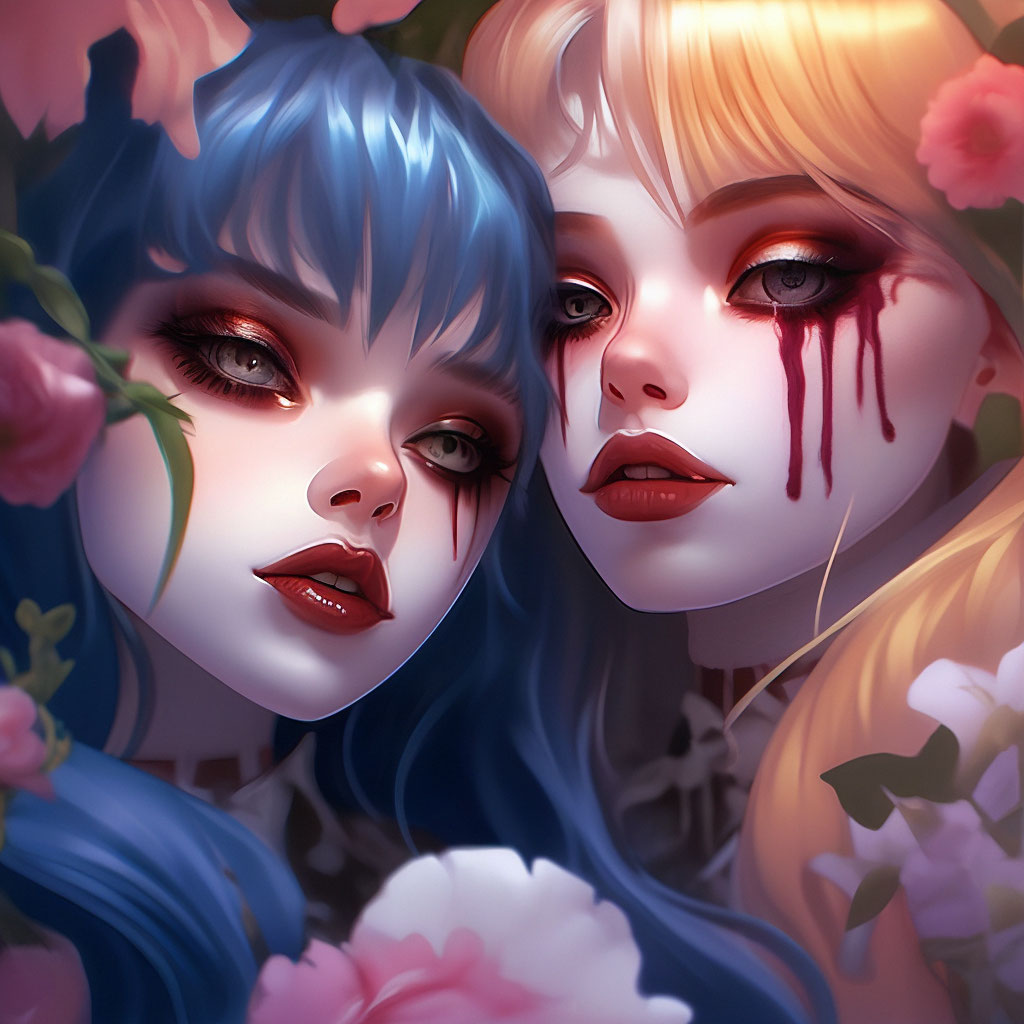 "Horror aesthetics, realistic 2 girls, with lush hair, creepy feast ...