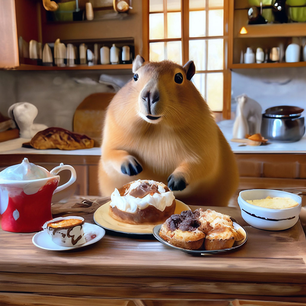 "Capybara in the kitchen makes tiramisu dessert for her children ...