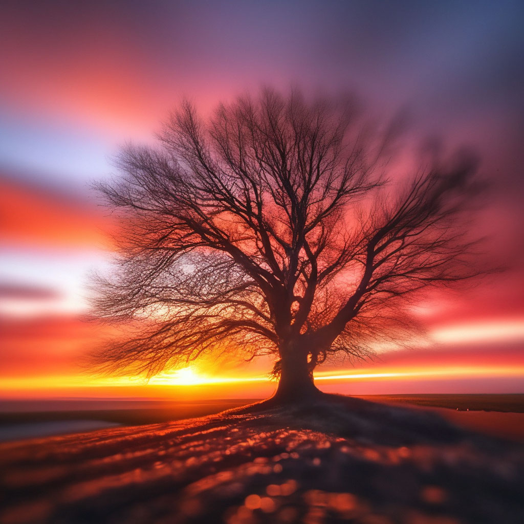 "Against the background of a red sunset stands a lonely tree, withered ...