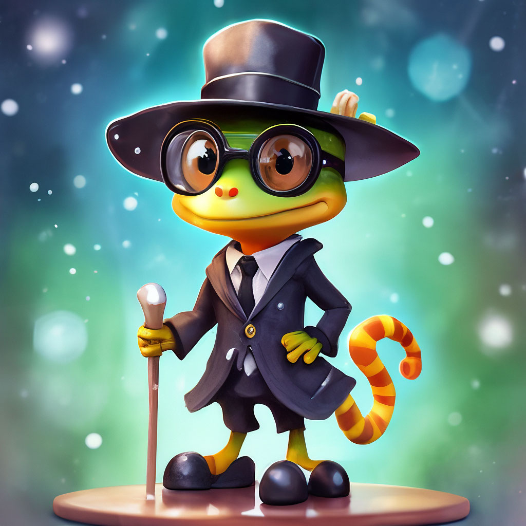"Gecko clerk chamelion cartoon, in dark glasses, in boots on a large ...