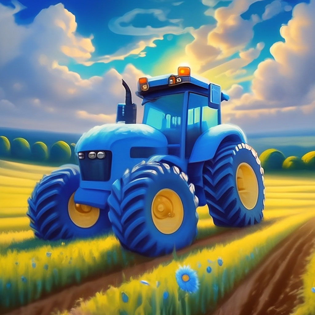 "Blue fluffy tractor with eyes rides in a field of miracles, cute ...