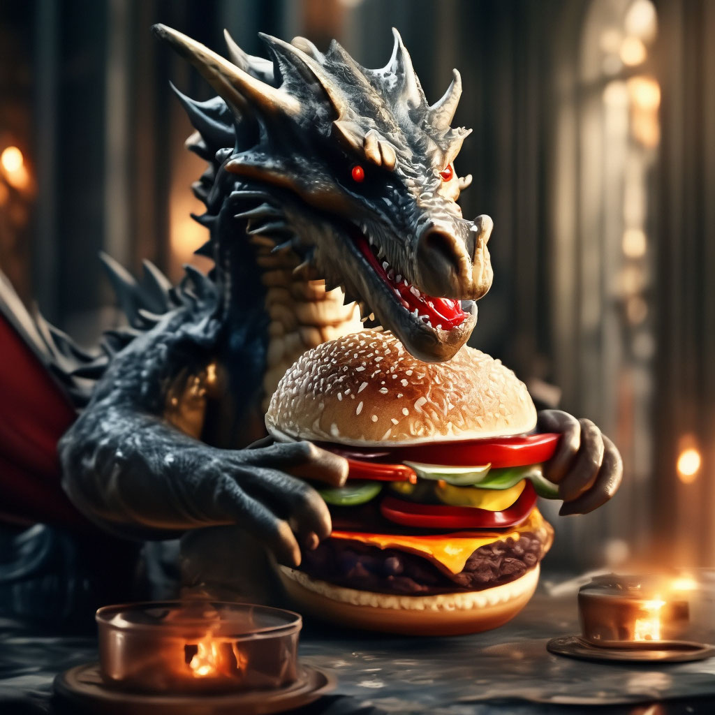 "The dragon is eating a burger" — image created in Shedevrum