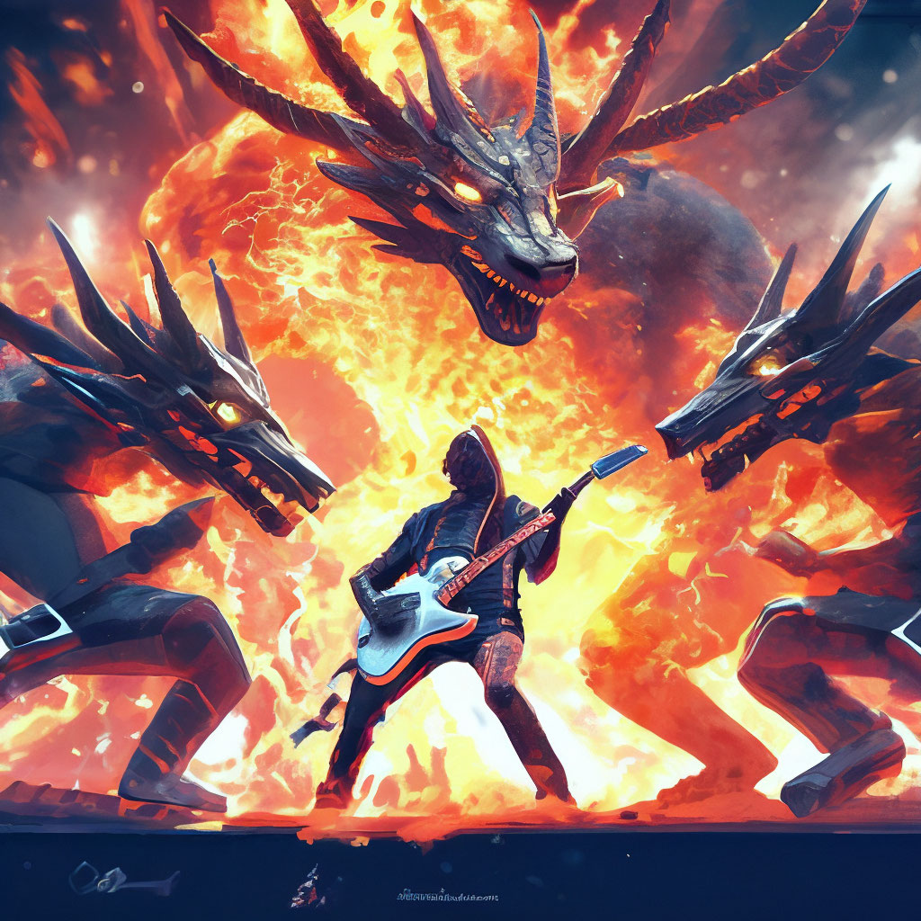 "Illustration, dust and fire effect,on the same stage, dragon drummer ...