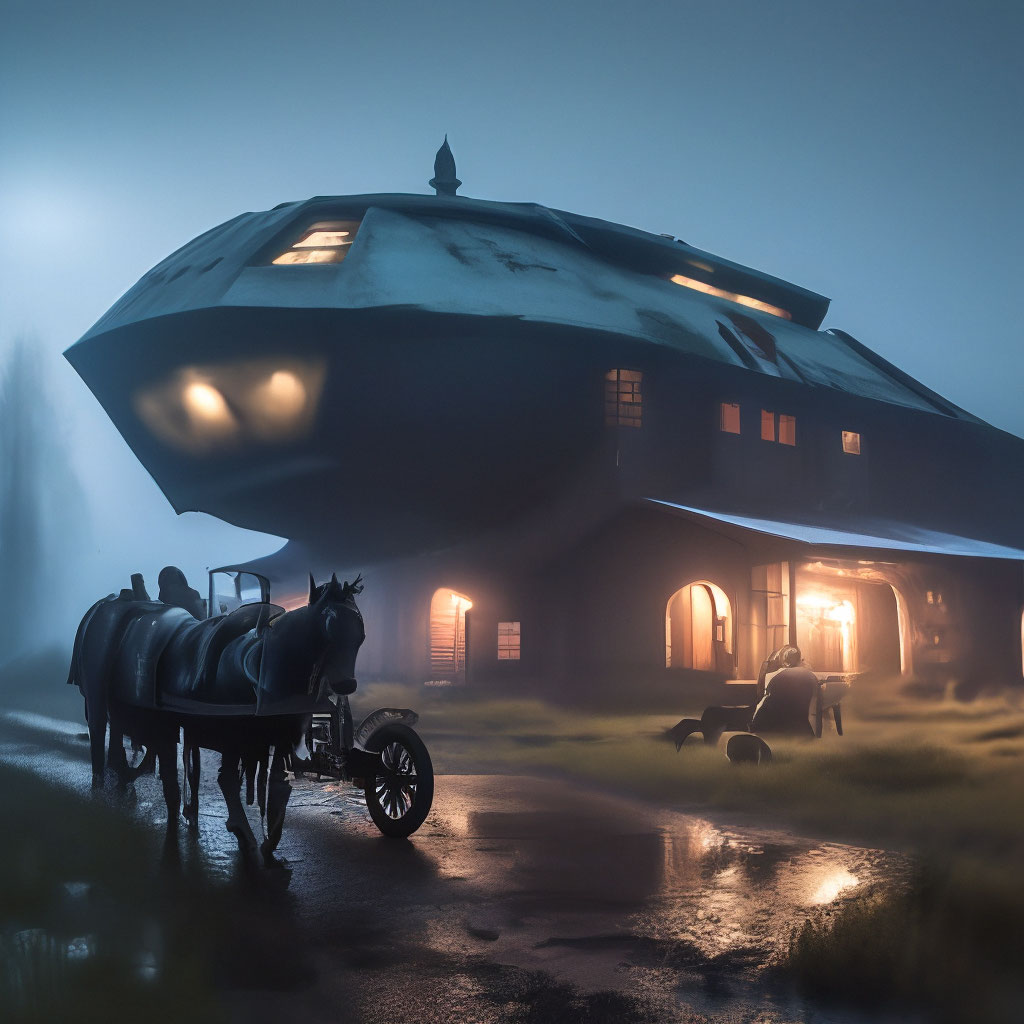 "An abandoned spaceship in a Russian village and a cart with horses is ...