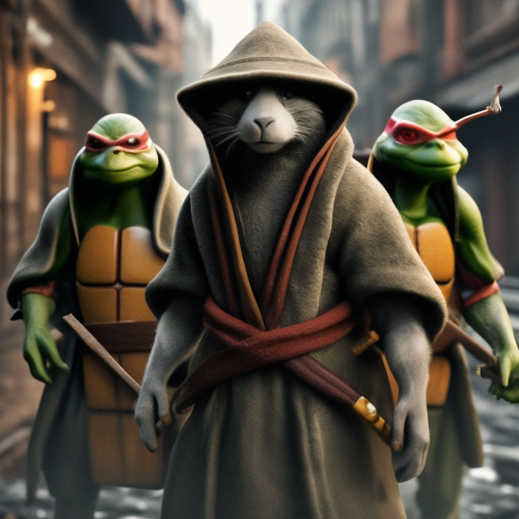 "Rat sansei and ninja turtles" — image created in Shedevrum