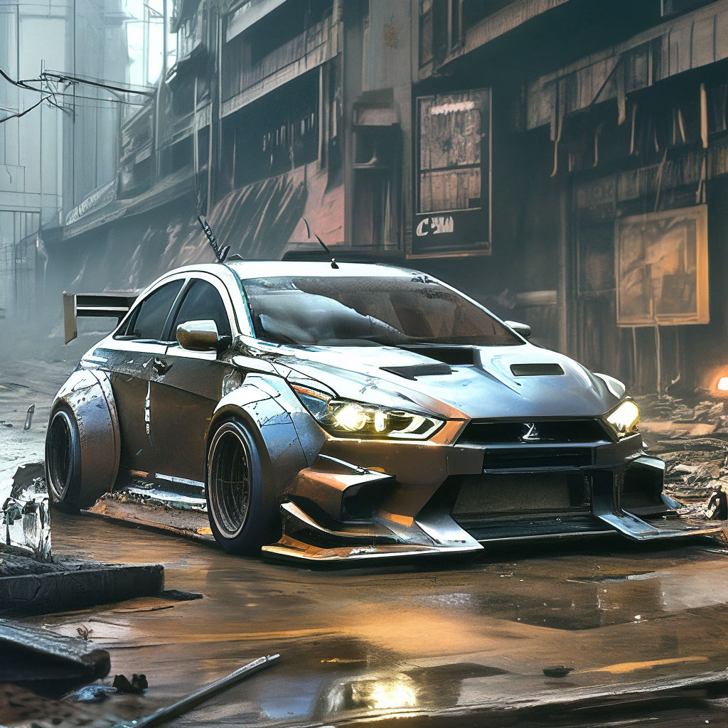 "Mitsubishi lancer 9 in cyberpunk style" — image created in Shedevrum