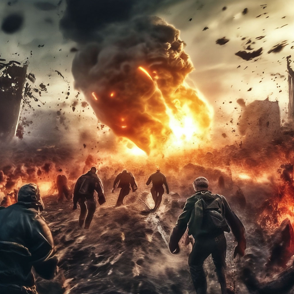 "Zombie invasion, explosions, destruction, epic" — image created in ...