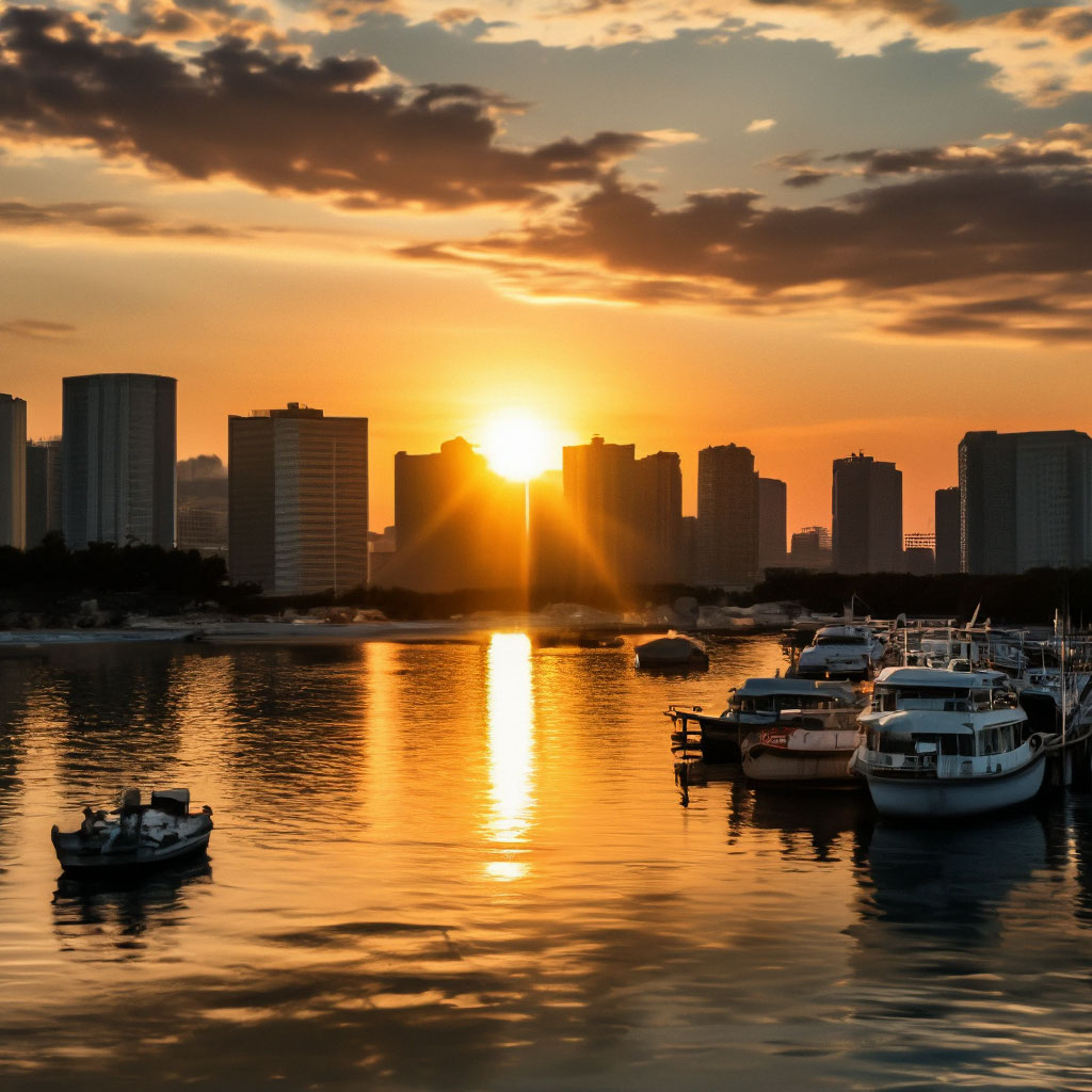 "A large coastal city, in the "golden hour", the sun is close to the ...
