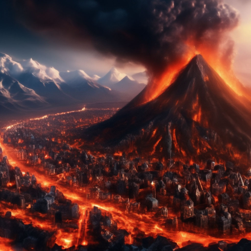 "Fantastic city on a volcano, volcano, ash, clouds, sea of magma ...