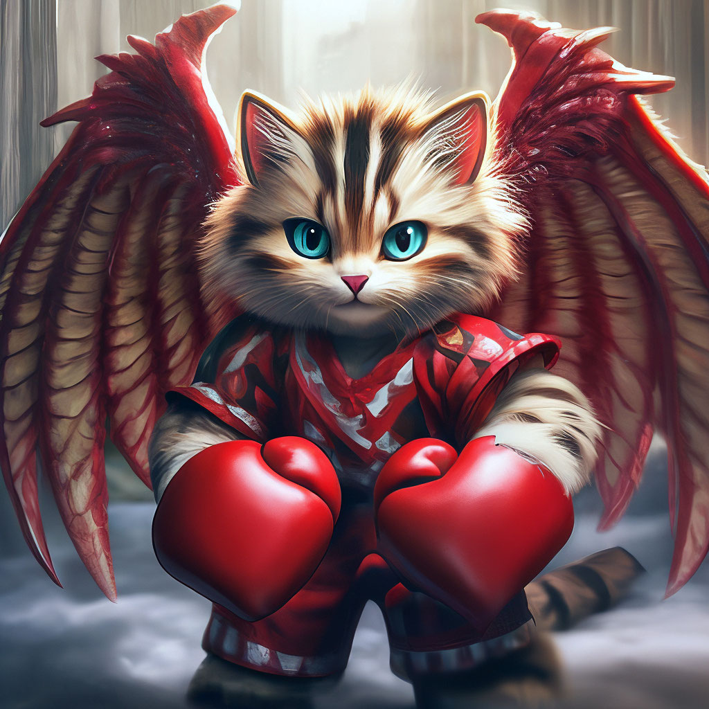 "🥊 Winged Cheshire fluffy striped cat dragon Murzik with a red bow in ...